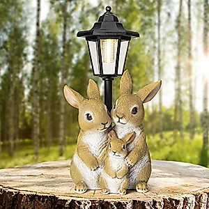 POTEY Garden Statues, Rabbit Garden Sculptures & Statues Outdoor with Solar Lights, Garden Decor Housewarming Gifts Lights for Patio, Yard, Balcony Decorations (Rabbit Family)