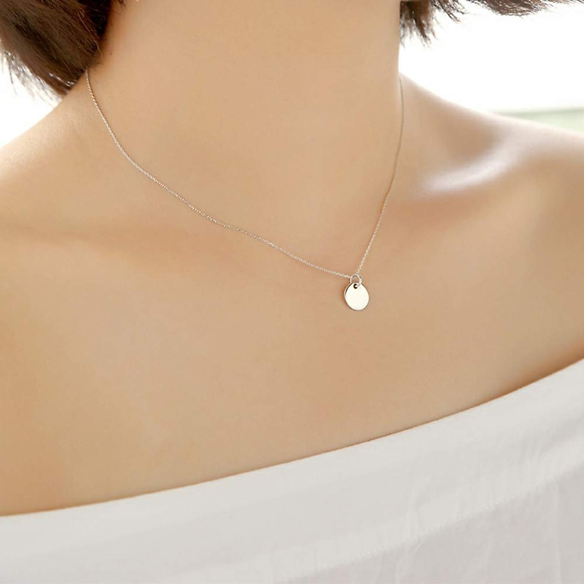 Round Coin Pendant Necklace for Women Girls 925 Sterling Silver 14K Gold Full Moon Minimalist Geometric Disk Circle Chain Delicate Choker Dainty Collar Jewelry Gifts Box (silver)