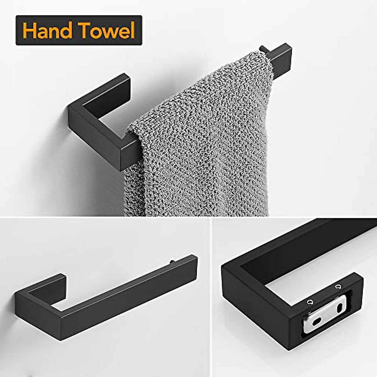 BESy 4 Piece Bathroom Accessories Set (23.6'' Towel Bar, Hand Towel Holder Towel Rack, Toilet Paper Holder, Double Towel Hooks), Wall Mounted Bath Hardware Fixtures Set, Stainless Steel/Matte Black