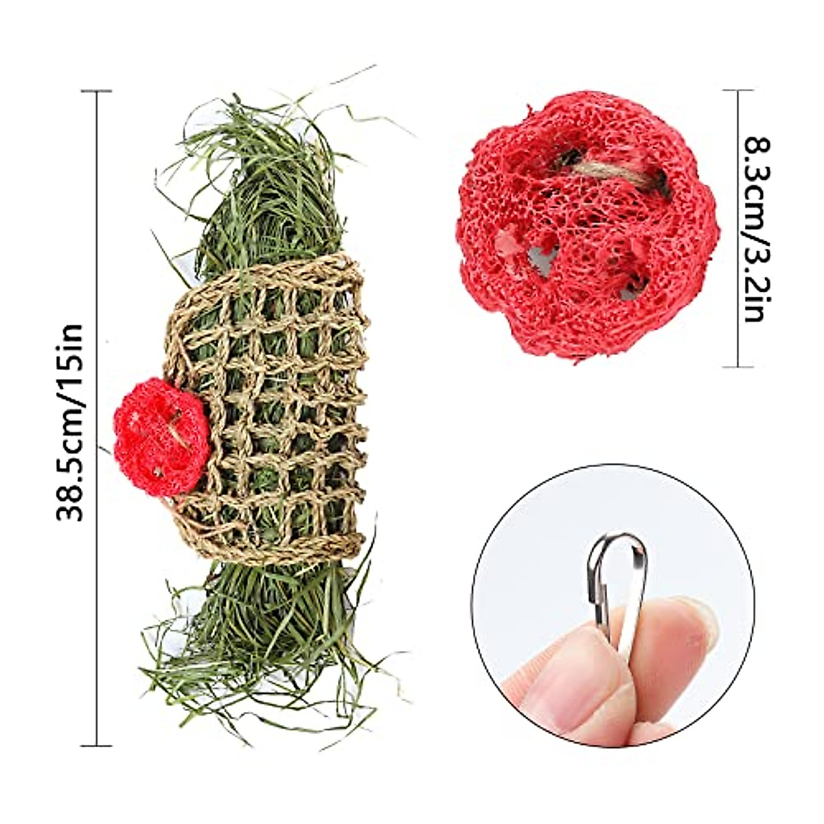 Bunny Chew Toys, Rabbit Toys, Timothy Hay Treats, Natural Sea Grass Mat Hay Feeder Bag, Rabbit Cage Hanging Chew Toys, All Natural Materials for Rabbit, Chinchilla, Guinea Pigs, Hamsters, Gerbils