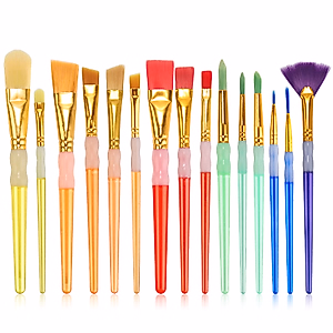 15Pcs Paint Brushes Value Pack, Includes 15 Different Types of Brushes, Nylon Colorful Hair with Silicone Crystal Penholder, Prefect Works with Oil, Acrylic and Watercolor Painting
