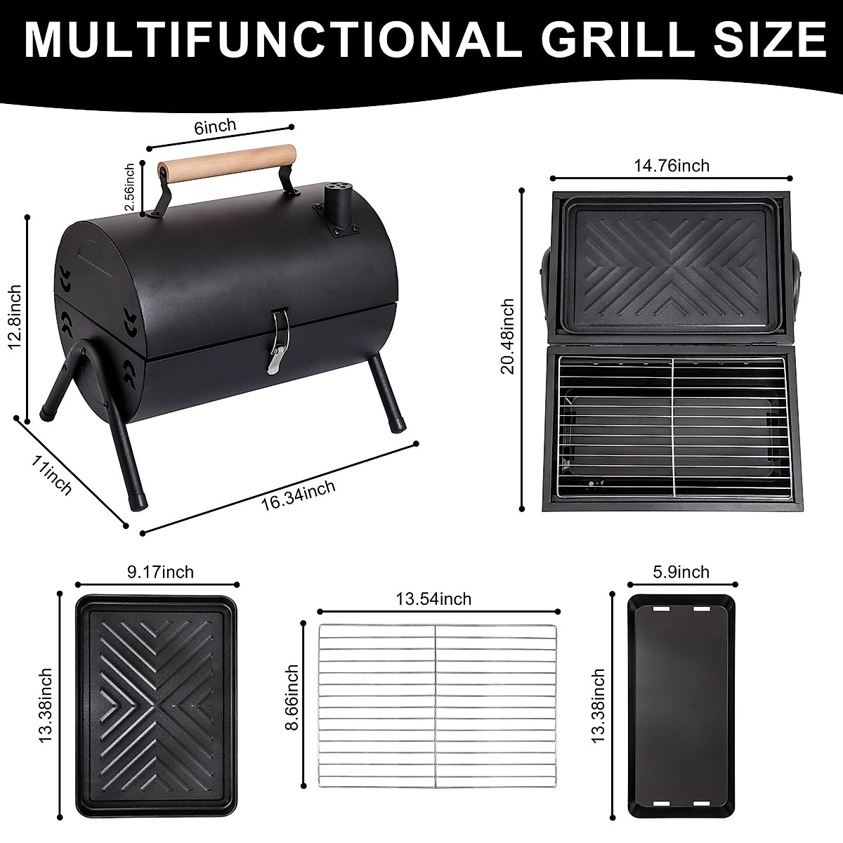 Supernal Portable Charcoal Grill,Tabletop Charcoal Grill,BBQ Grill for Outdoor Cooking Camping,Picnics,Backyard,Balcony-Black,2 Carbon Tank,2 Baking Net,1 Baking Pan