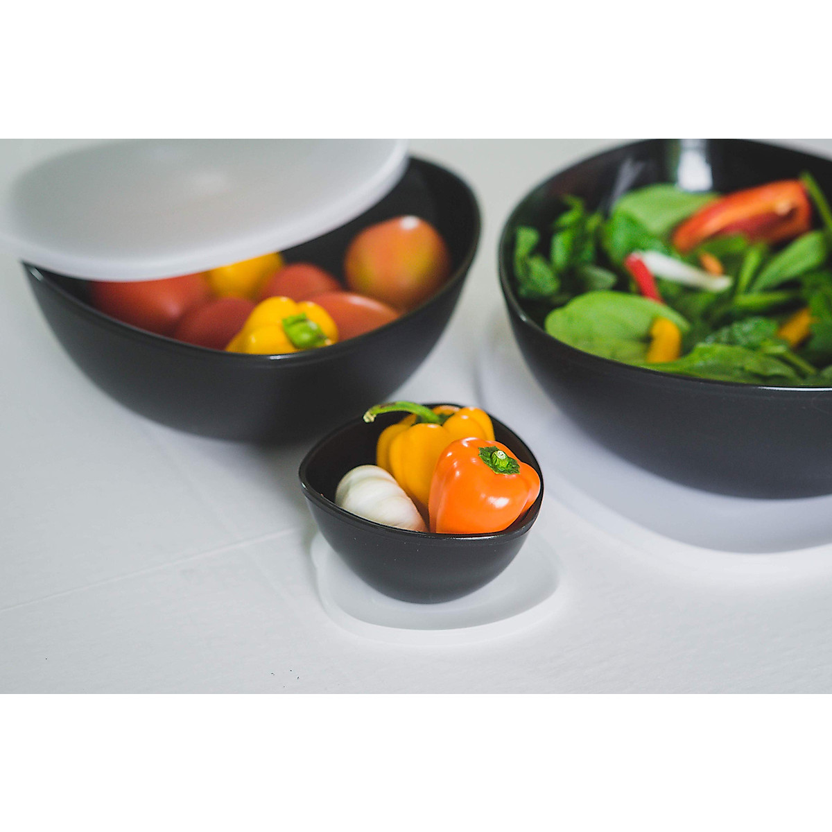 Coza Stackable and Unbreakable Serving Bowl for Mixing, Serving, Salad or Dessert with Lid- Set of 6 (3 Bowls + 3 Lids) (Black)