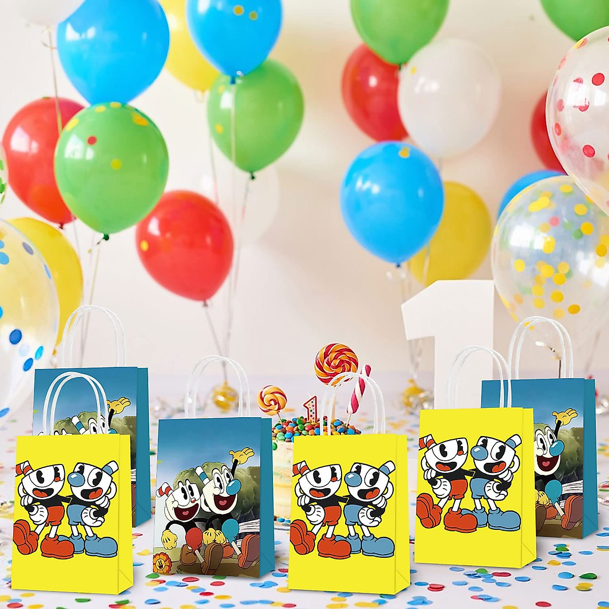 leiquyeah 16pcs Cup Head TV Show Party Favor Bags, Cartoon Theme Birthday Paper Gift Bags with Handles for Decorations Goody Treat Candy (023)