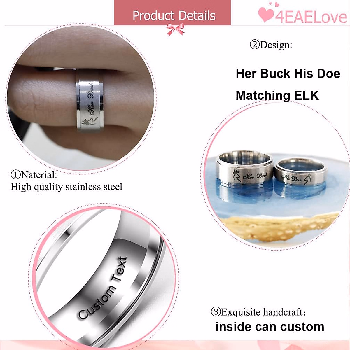 4EAELove Customize Matching Deer Heart Open Ring Her Buck His Doe Elk Couples Rings Promise Ring Inside Can Engraved Band Rings Wedding Rings (Elk-Silver, Custom)