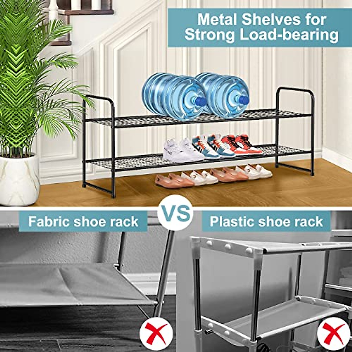 AOODA Long 2 Tier Shoe Rack for Closet Wide Low Shoe Shelf, 2 Tier Long Metal Shoe Rack for Closet, 2 Item Bundle