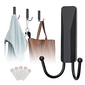 RICHER HOUSE Black Double Wall Hooks for Hanging, 4 Pack Removable Adhesive Wall Hooks with 5 Strips, Organize Damage-Free Sticky Hooks, Plastic Utility Hooks Heavy Duty for Coat, Towel, Hat, Key