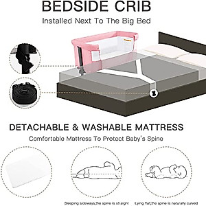 nordmiex 3 in 1 Baby Crib Bedside Crib,Baby Bassinet with Breathable Net,Adjustable Portable Bed for Infant/Baby,Pink, 10.0 kilograms