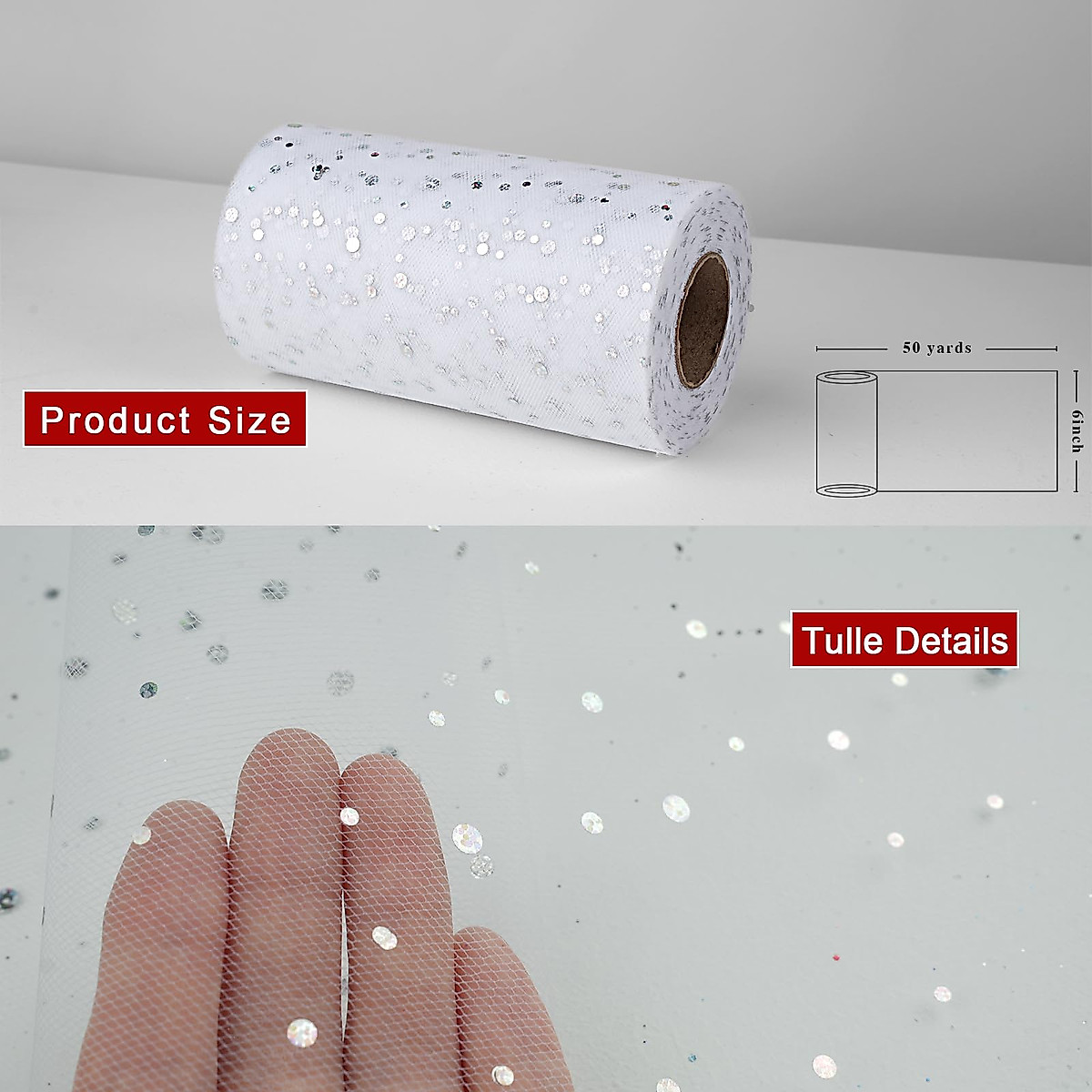 Glitter Tulle Rolls, 6” by 50 Yards (150FT) Sequin Tulle Netting Fabric Tulle for Tutu Skirts Sewing Birthday Wedding Party Decoration (White)