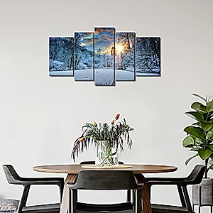 Modern Canvas Painting Wall Art Snowfield Winter Snow Forest Tree Sunrise sunset Landscape Mountain & Tree Print on Canvas Artwork Wall Decor (B)