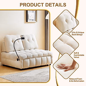48" Pull Out Sofa Bed, Modern Convertible Sofa Bed Couch with Removale Back, Velvet Cloud Sofa with USB Port and Swivel Phone Stand, Suitable for Living Room, Apartment, Small Place - Beige