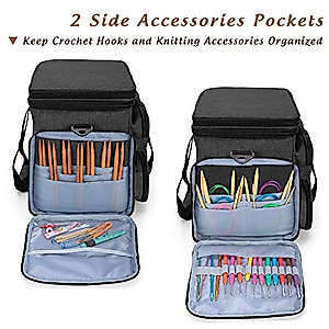 YARWO Knitting Yarn Bag, Portable Crochet Storage Tote with Double Top Cover and Yarn Holes for Knitting Needles(Up to 14”), Unfinished Projects and Skeins of Yarn, Black