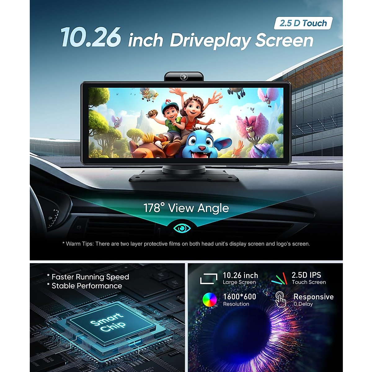 10.26'' Wireless Carplay and Android Auto, Portable Car Stereo with 4K Dash Cam, 1080P Backup Camera, Drivemate Carplay Screen with Bluetooth/Navigation/MirrorLink