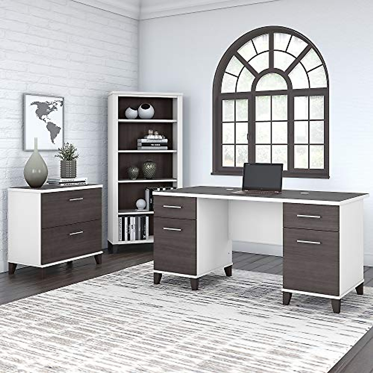 Bush Furniture Somerset Office Desk with Lateral File Cabinet and 5 Shelf Bookcase, 60W, White and Storm