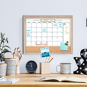 TORASO Whiteboard Calendar & Corkboard,Small Combination Dry Erase White Board & Bulletin Board, 13" x 17"，Rustic Brown Frame Calendar/Cork Combo Board(ZHYL-RB-3343)