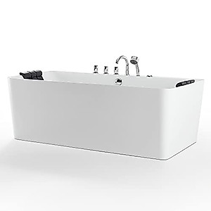 Empava 67-Inch Freestanding Whirlpool Bathtub Rectangular with 8 Hydromassage Water Jets Luxury Acrylic Massage SPA Soaking Bath Tub Double Ended, White