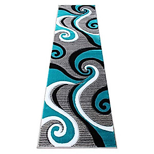 Masada Rugs, Sophia Collection Hand Carved Area Rug Modern Contemporary Turquoise White Grey Black (2 Feet X 7 Feet 3 Inch) Runner
