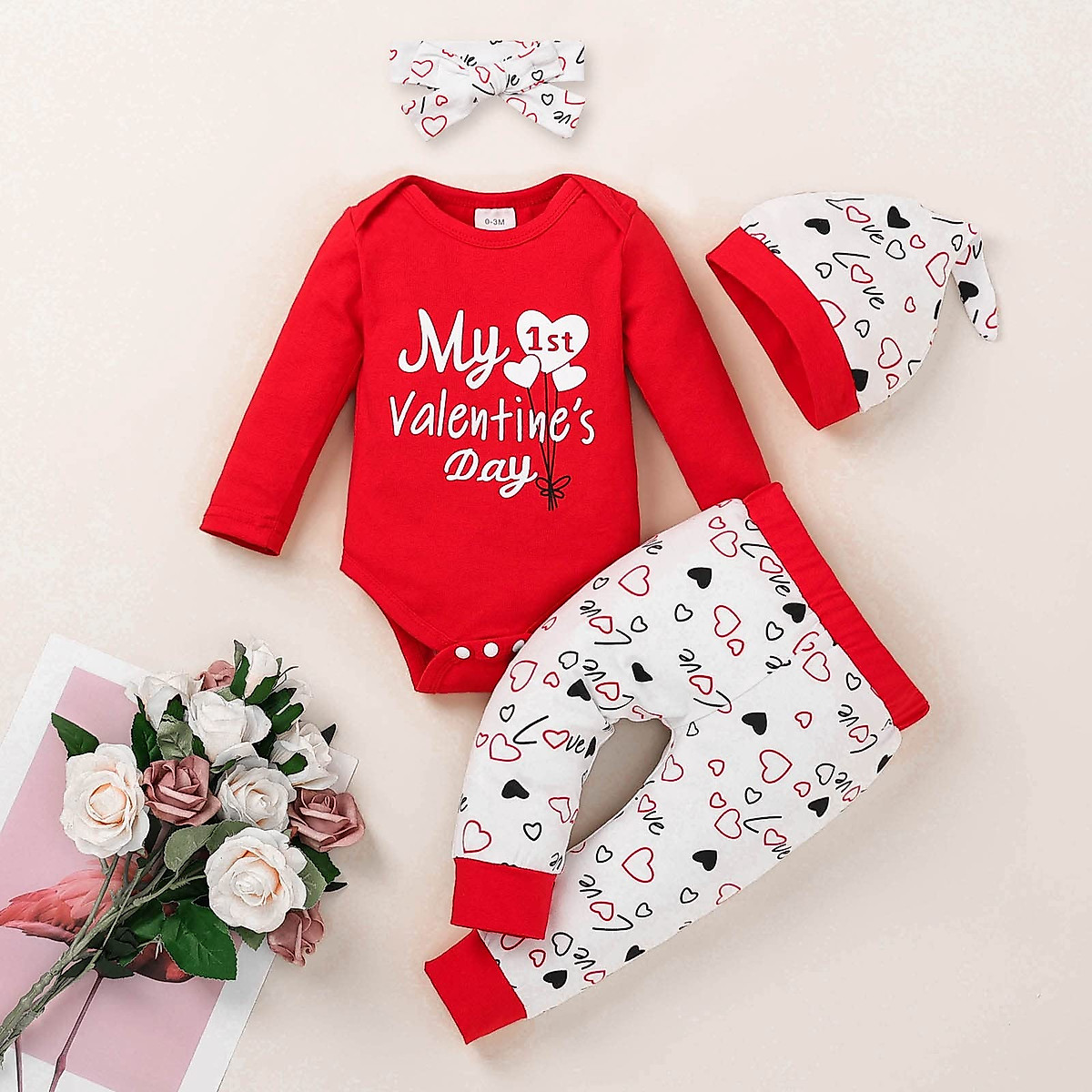 My 1st Valentine Outfits Infant Baby Girl Clothes Newborn Outfits Ruffler Floral Pants Bow Headband Hat 4pcs 3-6 Months Red