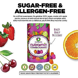 NUTRAMIN Daily Vegan Keto Multivitamin Gummies Vitamin C, D2, and Zinc for Immunity, Plant-Based, Sugar-Free, Nut-Free, Gluten-Free, with Biotin, Vitamin A, B, B6, B12 & More 90 Count, 45 Days