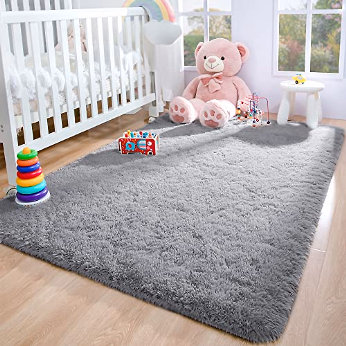 Foxmas Soft Fluffy Area Rugs for Bedroom Kids Room Plush Shaggy Nursery Rug Furry Throw Carpets for Boys Girls, College Dorm Fuzzy Rugs Living Room Home Decorate Rug, 4ft x 6ft, Grey