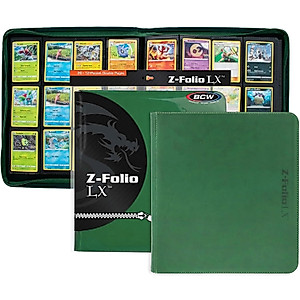 BCW Z-Folio LX Zipper Portfolio - Premium Green Leatherette 12-Pocket Playset Album - Secure Zipper - 480 Card Capacity - Card Collector's Dream - Card Organizer - Trading Card Storage