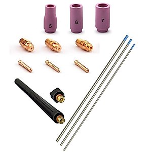 WeldingCity 14-pcs TIG Welding Torch Accessory Kit 1/16"-3/32"-1/8" (AK4B) Collet-Collet Body-Ceramic Cup-Tungsten Electrode (Blue)-Back Cap for Torch 9, 20 & 25 Weldcraft Miller Lincoln Hobart ESAB