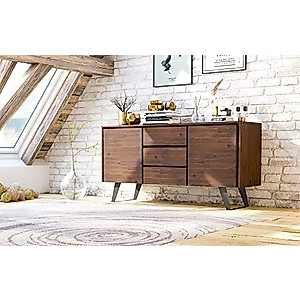 SIMPLIHOME Lowry SOLID ACACIA WOOD 60 inch Modern Industrial Sideboard Buffet and Wine Rack in Distressed Charcoal Brown features 2 Doors, 3 Drawers and 2 Cabinets with Large storage spaces