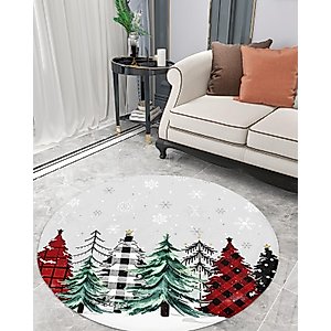 Christmas Fluffy Round Area Rug Carpets 3ft, Plush Shaggy Carpet Soft Circular Rugs, Non-Slip Fuzzy Accent Floor Mat for Living Room Bedroom Nursery Home Decor Plaid Pine Tree Red Green Dots Grey