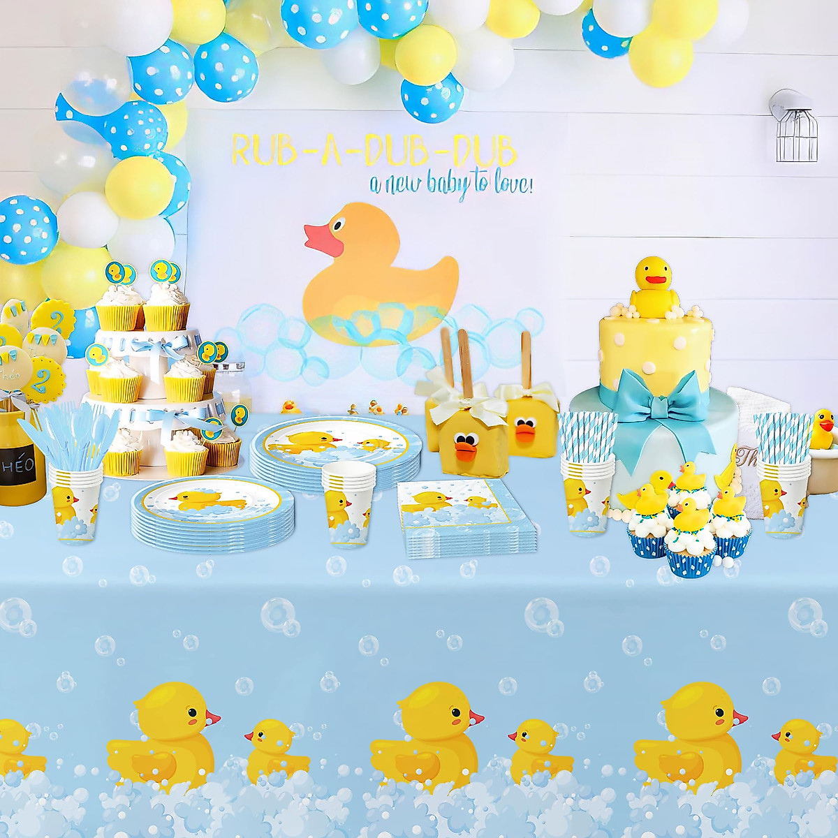 APOWBLS Rubber Duck Party Decorations Tablecloth - Disposable Duck Party Supplies Table Cover, Bubble Bath Rubber Duck Theme Table Cloth for Birthday Baby Shower - 3 Pack (54in x 108in)