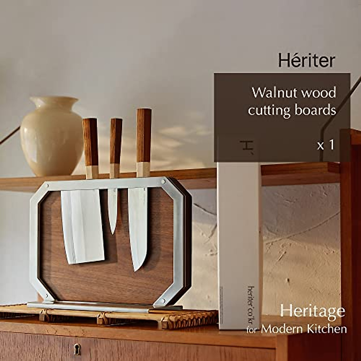Heriter I Solid Walnut Octagonal Wood Cutting & Serving Board with Stainless Steel Stand/Frame I Modern kitchen I Clean up kitchen I wood cutting boards x 1, Magnetic Stainless Steel Stand x 1