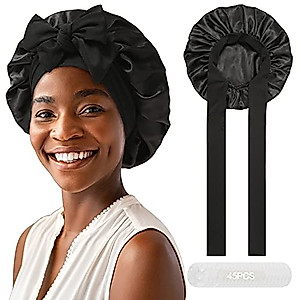 Satin Bonnet for Women Hair Bonnet for Sleeping Large Double Layer Silk Sleep Cap with Wide Elastic Band Hair Cap for Sleeping with 45PCS Waterproof Disposable Shower Caps (Black)
