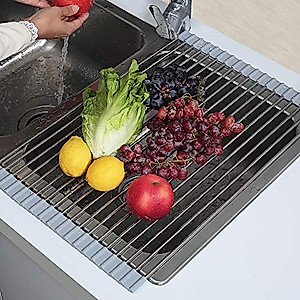 LIMNUO Roll Up Dish Drying Rack, Over The Sink Dish Drying Rack Kitchen Rolling Dish Drainer Foldable SUS304 Dish Drying Rack for Kitchen Sink Counter (16.5''(W) 13.2''(L), Gray)
