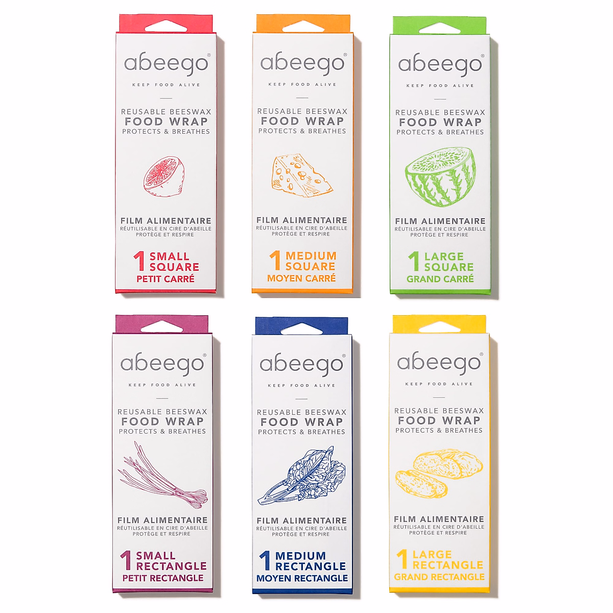 Abeego The Original Beeswax Food Storage Wrap - The Foundation - Bundle of 6 Variety Square and Rectangle Sheets (S,M,L)