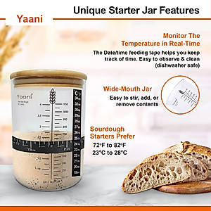 YAANI 51 Oz Wide Mouth Sourdough Starter Jar, Silicone Bread Sling, 1500 ML Sourdough Starter Jar with Date Marked Feeding Band, Thermometer, Mixing Spatula, Sourdough Starter Kit
