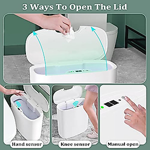 Bathroom Trash Cans with Lids, Sapouni Automatic Motion Sensor Trash Can 2.6 Gallon Smart Touchless Garbage Can Slim Plastic Narrow Rubbish Can for Bathroom, Bedroom, Kitchen (White, Battery operated)