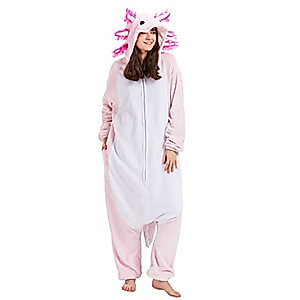 DELEY Unisex Adult Axolotl Onesie Pajamas, Flannel Animal One Piece Costume Sleepwear Halloween Cosplay Homewear