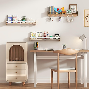 34Inch Nursery Bookshelves Wall Mounted,Wooden Floating Shelf Kids Coat Rack with 6Hooks,Hanging Shelf for Baby Nursery Room Décor, Set of 3 Burlywood