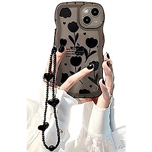 for iPhone 13 Pro Max Case Cute Clear Flower Design with Heart Bead Bracelet Strap Chain,Kawaii Soft TPU Shockproof Girly Phone Case with Camera Protection for iPhone 13 Pro Max for Women Girls Black