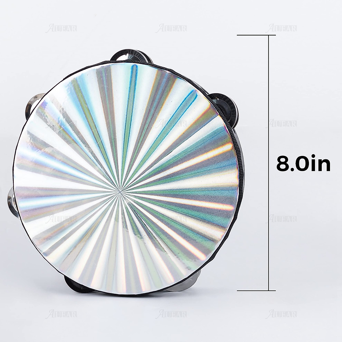 AUEAR, Double Row Jingles Handheld Tambourine Creative Wooden Drum for Adults Percussion Musical Educational Toy Party Game Church (1-Pack, 8 Inch, Reflective)