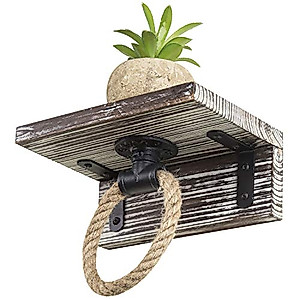 MyGift Industrial Pipe and Rustic Rope Bathroom Towel Ring Holder/Decorative Hand Towel Wall Mounted Rack with Torched Wood Shelf