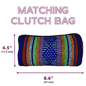 MEXICANDOO Set of Authentic Mexican Handcrafted Woven Handbag with Wooden Handles and Matching Clutch Bag for Women or Girls. Casual Purse, Bohemian, Boho, Sarape, Baja, Aztec, Summer, Beach (Blue)