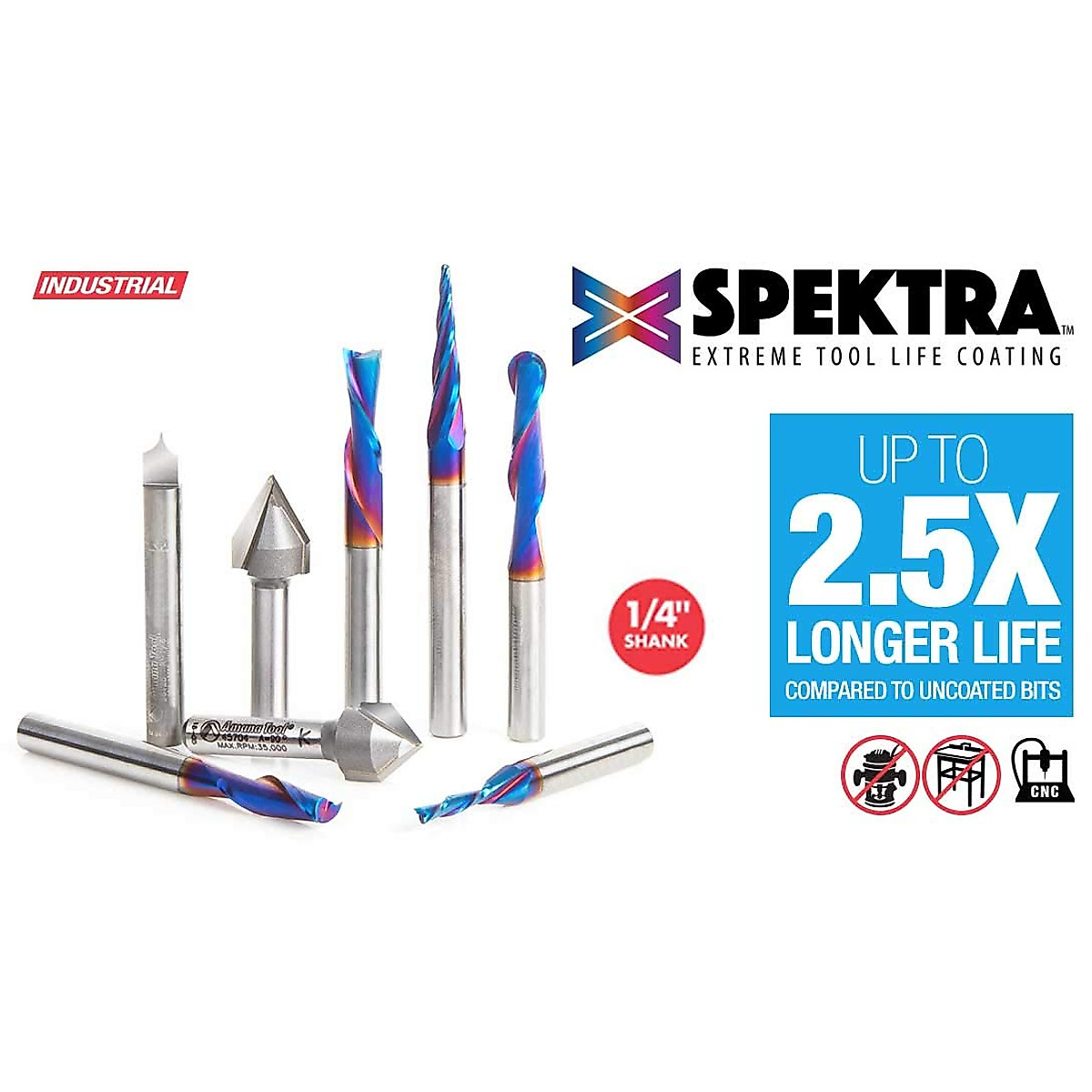 Amana Tool AMS-177-K 8-Pc CNC Router Bit Collection Featuring V-Grooves Point Roundover and Multi-Purpose Spektra Bits 1/4 Shank in Wooden Box