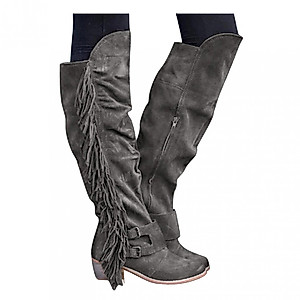 NOLDARES Cowboy Boots Chunky Block Heel Square Toe Vintage Fringe Knee High Western Knight Retro Platform Boots