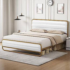 BOTLOG King Bed Frame with Headboard, PU Leather Upholstered Bed Frame with Wood Slats Support, No Box Spring Needed, Easy Assembly