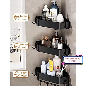 3-Tier Corner Shower Caddy,Bathroom Corner Shelves, Stainless Steel No-drilling Bathroom Organizer,Shower Shampoo Organizer Storage Rack Holder for Toilet Accesso,6 Metal Hooks with Caps(Black)