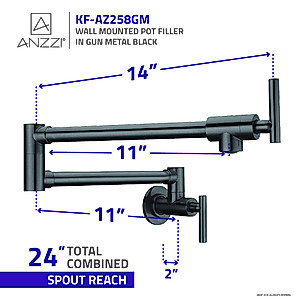 Braccia Series 24" Wall Mounted Pot Filler in Gunmetal Black | 24” Reach Spout Solid Brass Two Handle Dual Shut-Off Valve Double Joint Swing Arm Wall Mount Kitchen Folding Faucet | KF-AZ258GM