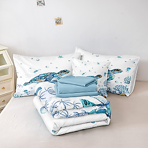 Sea Turtle Comforter Ocean Themed Bedding Sets 6 Pieces Twin Bed in A Bag Teal Blue Turtle Sea Horse Animal Cartoon Pattern Beach Coastal Bedding Comforter (Sea Turtle, Twin)