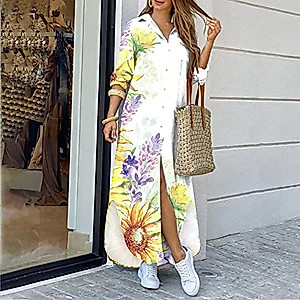 Wedding Guest Dresses for Women Betten Down Dresses Long Sleeve V Neck Sundress with Pockets Fashion Outdoor Mixi Yellow Large