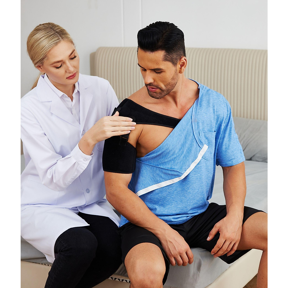 Deyeek Men's Post Shoulder Surgery Shirts Recovery Tear Away Short Sleeve Full Open Side Snap Adaptive Chemo Clothing