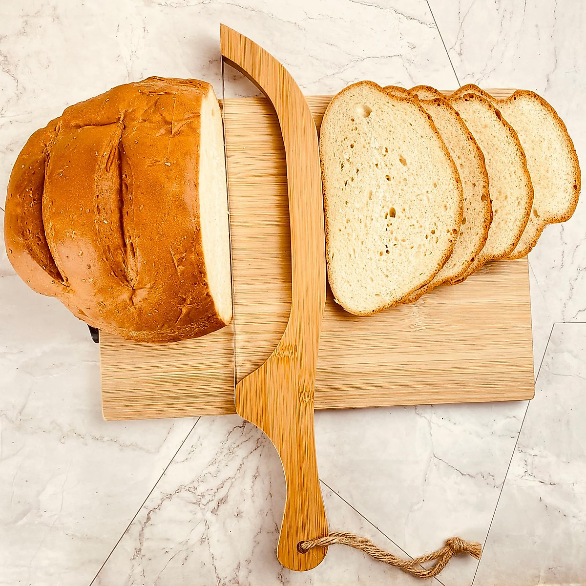 DJKMJT Bread Slicer,Bread knife for Homemade Bread Cutter 15.8" Serrated Bread Bow Knife Sourdough Bread Knofe Fiddle Bow Bread Knife Bamboo Handle - Right Hand Bread Saw Slicer Knife